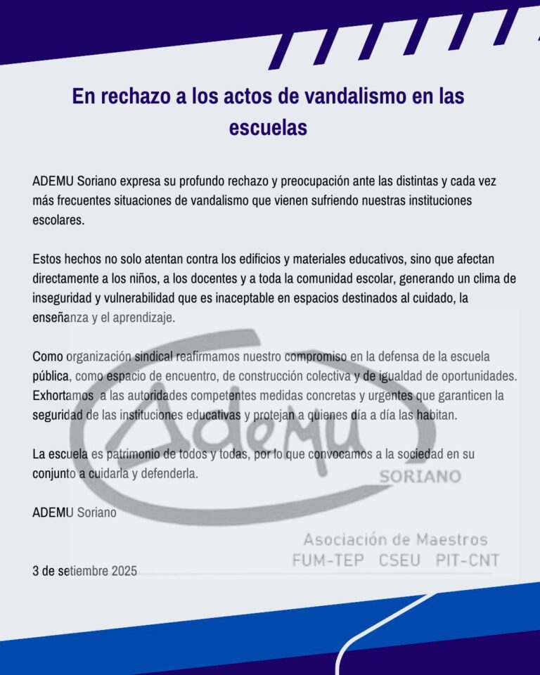 ADEMU Soriano emitió un comunicado en rechazo a los actos de vandalismo en las escuelas ...